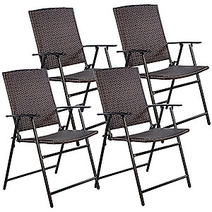 Tangkula 4 PCS Folding Patio Chair Set Outdoor Pool Lawn Portable Wicker Chair with Armrest & Footrest Durable Rattan Steel Frame Commercial Foldable Stackable Party Wedding Chair Set (24X23X37)