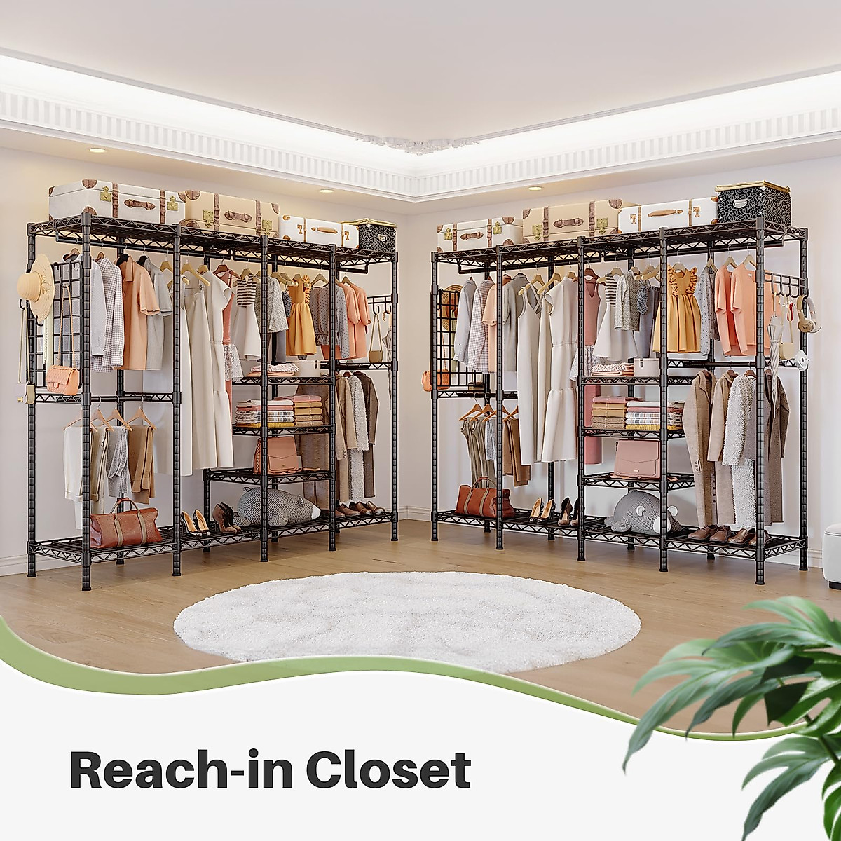 HOKEEPER Heavy Duty Clothes Rack Portable Closet Rack with Adjustable Shelves, Side Mesh Board and Hooks Freestanding Clothing Racks for Hanging Clothes Garment Racks Load 1500LBS 76"W*16"D*76"H Black