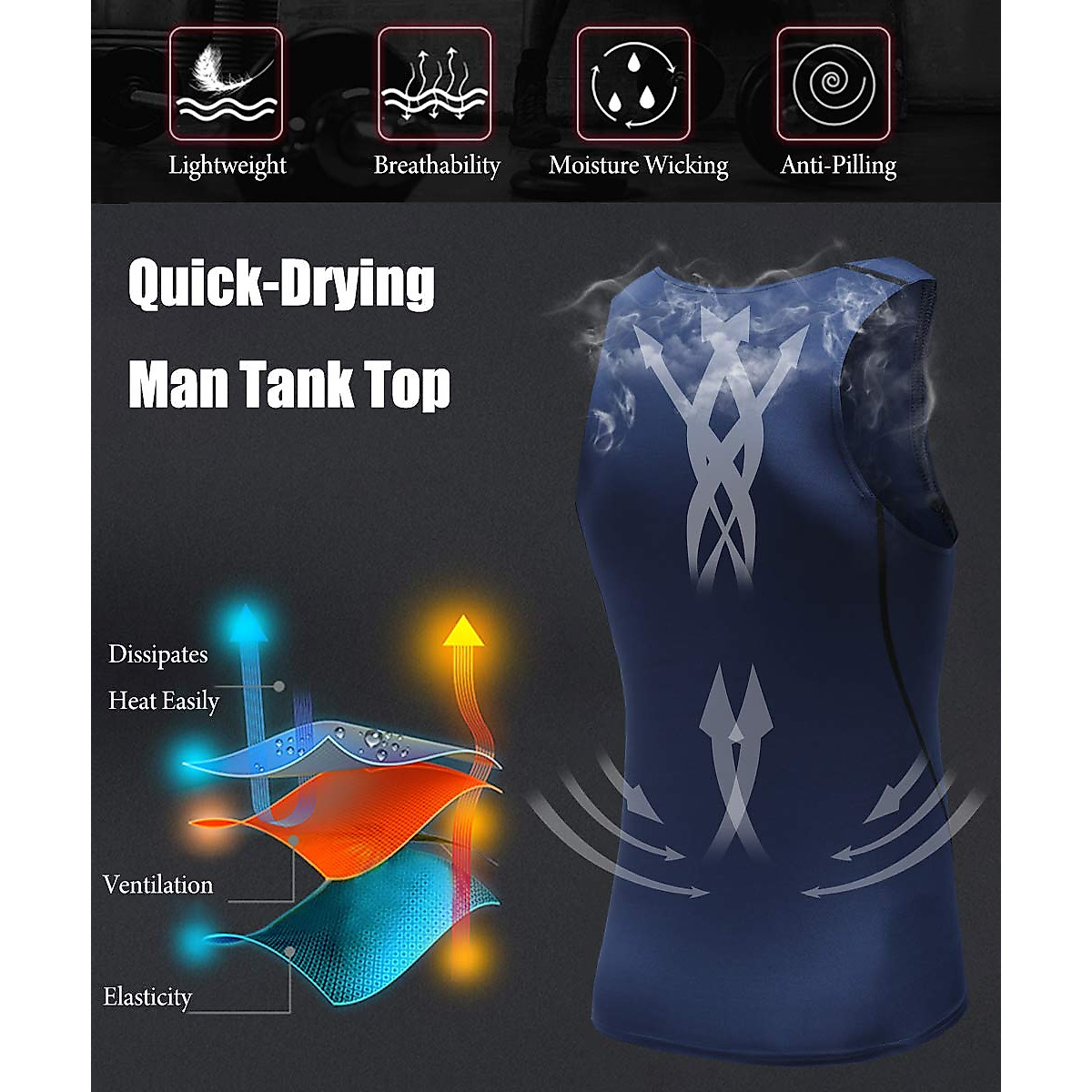 HIBETY 3 Packs Men's Sleeveless Compression Tank Top,Base Layer Compression Undershirts Dri Fit Workout Sports Shirts Tops(Black/Blue/Red-04-L)