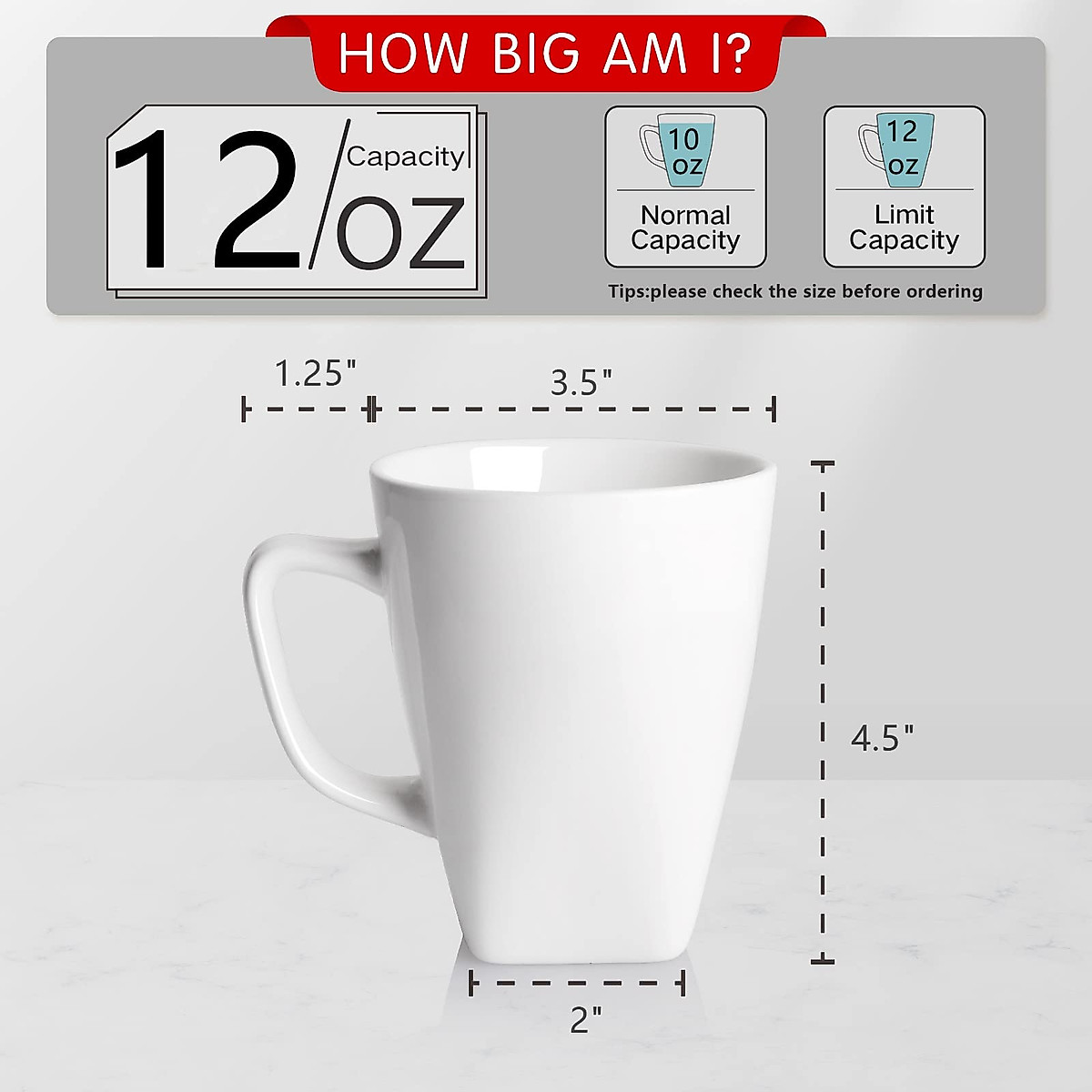 AVLA Set of 6 Porcelain Coffee Mugs, 12 Ounce Large Mugs Sets Ceramic Cup with Handle for Coffee, Tea, Cocoa or Chocolate, White