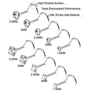 FIBO STEEL 20G Nose Rings Studs for Women 316L Surgical Steel Screw Nose Studs Nose Piercings Jewelry CZ Inlaid 1.5MM 2MM 2.5MM 3MM 3.5MM 10Pcs Silver