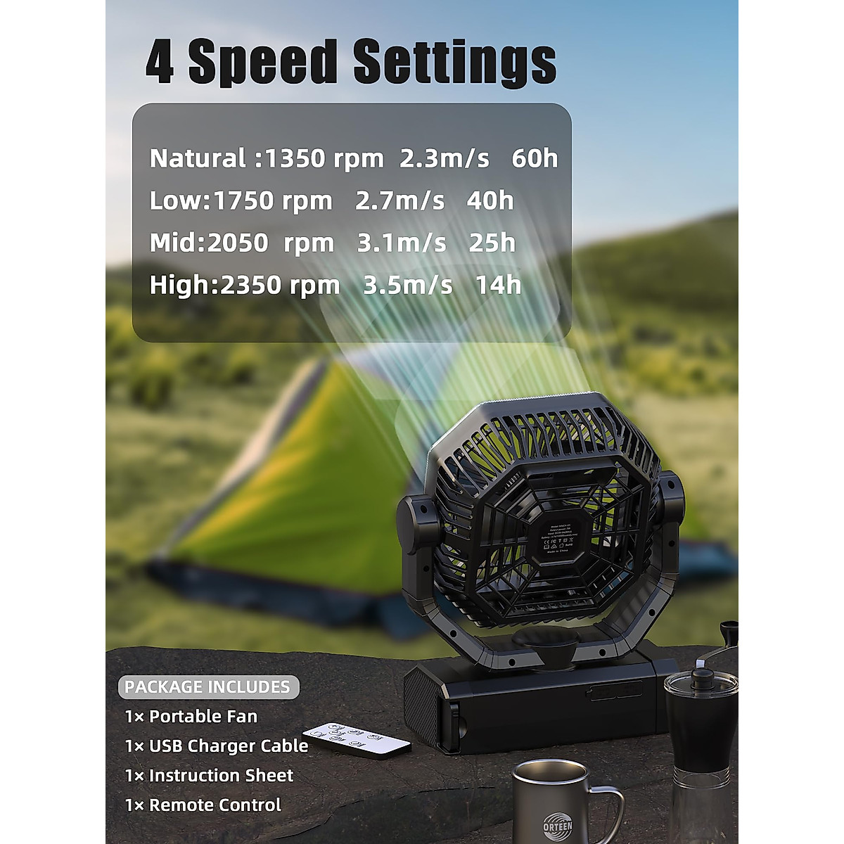 Portable Rechargeable Fan - 9-Inch Camping Fan with Light - 60Hrs 20000mAh Battery Operated Fan for Camping - Outdoor - Tent Fan with Remote, 4 Speeds, 4 Timing, Shaking Head Camp Fan for Tent