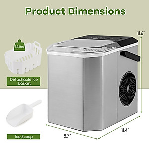CLEEMAN Ice Makers Countertop, Portable Ice Maker, 9 Ice Cubes Ready in 6-13 Mins, 2 Sizes of Bullet Ice, Self-Cleaning, Ice Machine with Ice Scoop & Basket for Home/Kitchen/Party/RV (Silver)