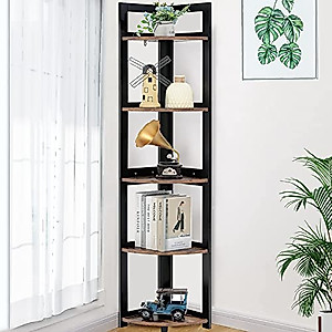 usikey Corner Shelf Stand, 5-Tier Corner Shelf, Tall Corner Bookshelf, Rustic Corner Storage Rack Plant Stand for Small Spaces, Bookcase for Living Room, Office, Kitchen, Easy Assembly, Rustic Brown