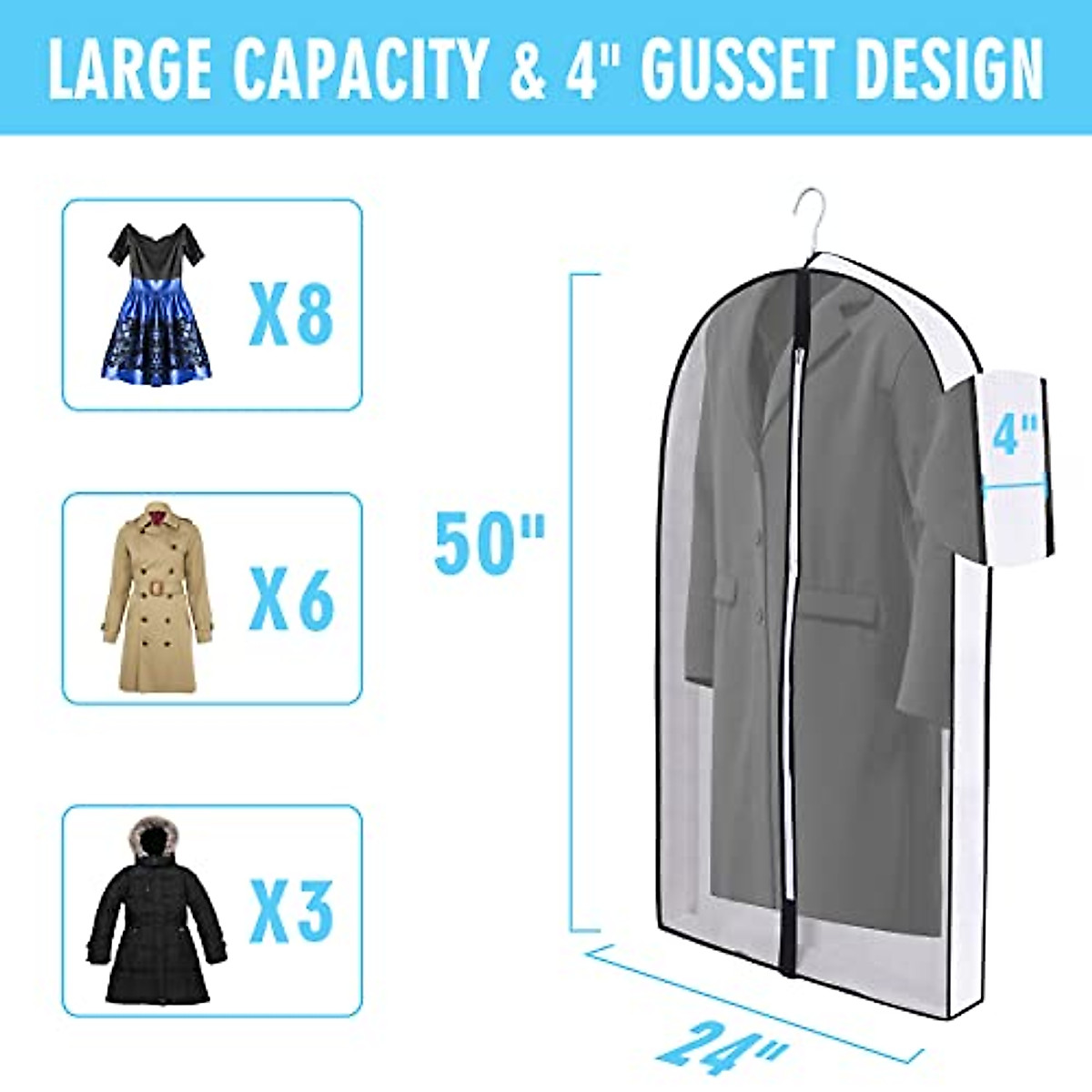 WinFong 50" Garment Bags for Hanging Clothes, Clear Moth Proof Suits Covers with 4" Gussets for Closet Storage and Travel Hanging Clothes Bag for Coat, Sweater, Jacket, Dress, Shirts, 3 Pack