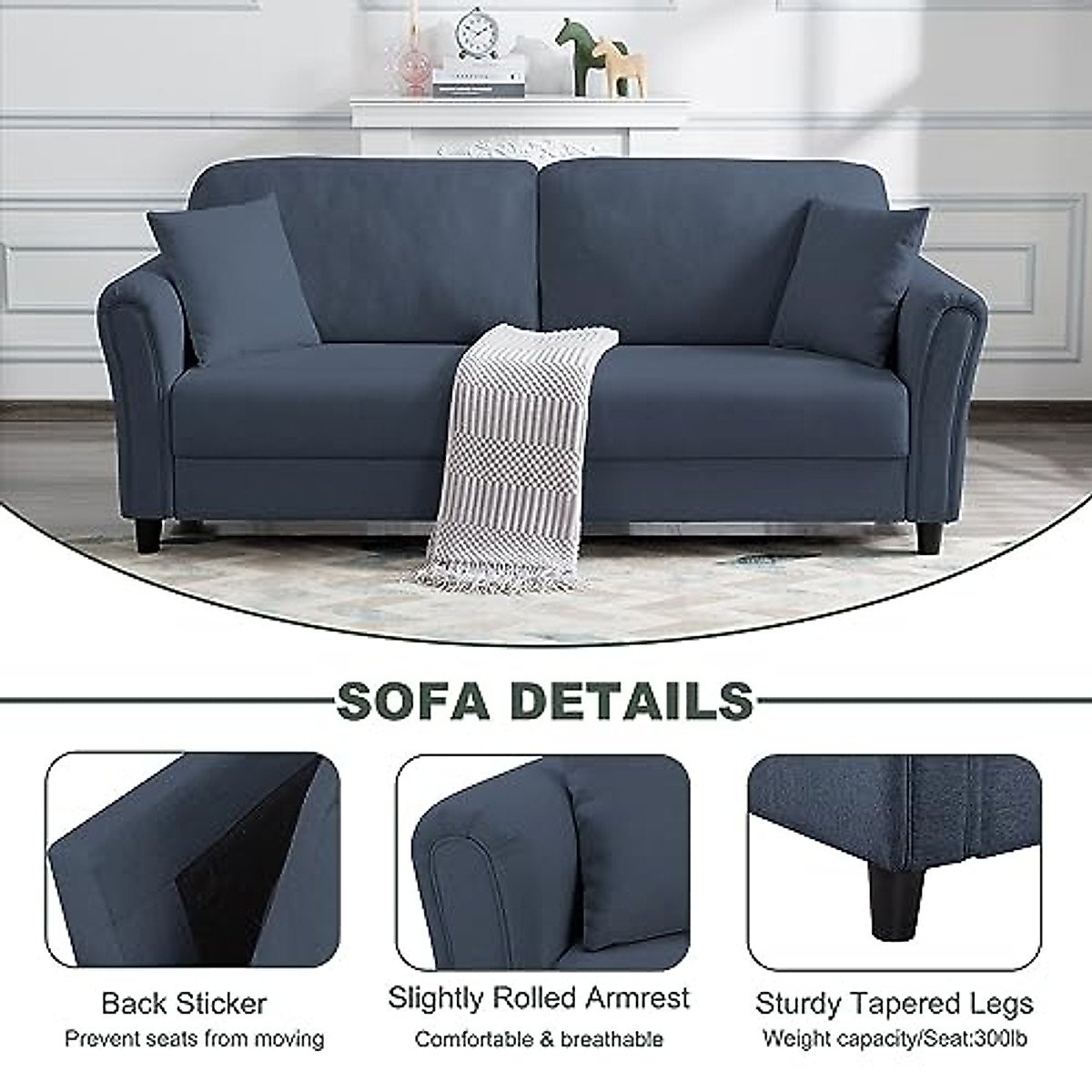 FREESNOOZE 81.5'' Linen Upholstered Sofa, Modern 3 Seater Sofa Couch with Back Cushions and 2 toss Pillows for Living Room/Bedroom/Apartment(Dark Blue)