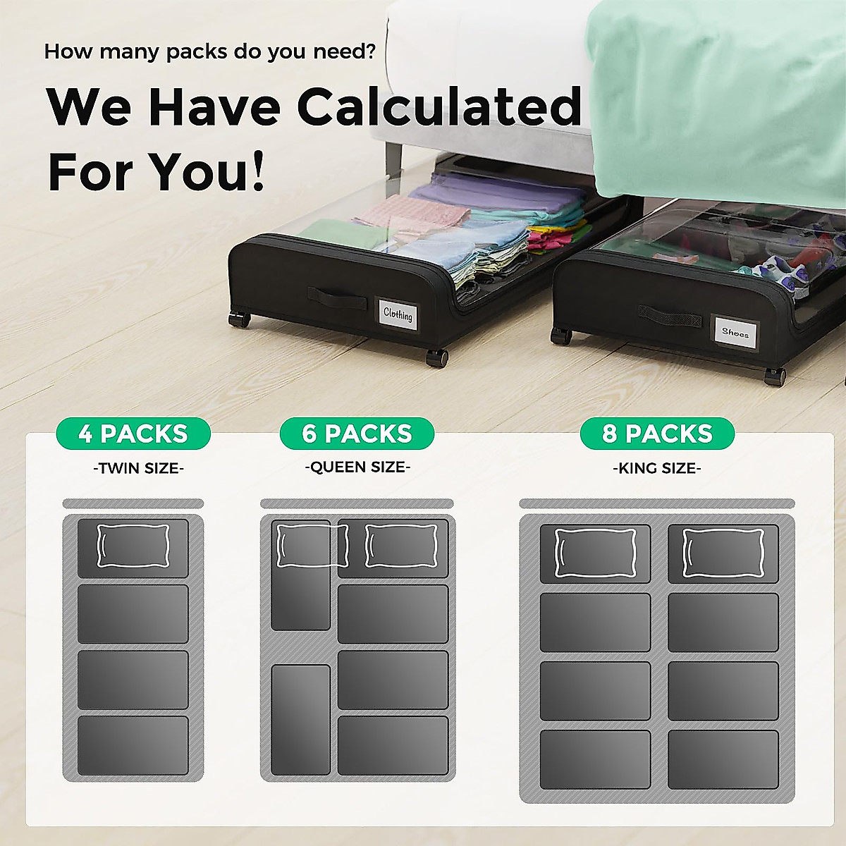 INVOCOO 2 Pack Under Bed Storage with Wheels, Large Capacity Under Bed Storage Containers with Clear Lid,Handle,Label, Rolling Under Bed Shoe Storage Organizer for Clothes Toy Shoe Blanket (Black)