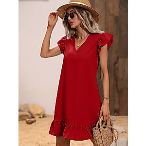 SOLY HUX Summer Dresses for Women V Neck Cap Sleeve Ruffle Hem Smock Short Dress Plain Red XL