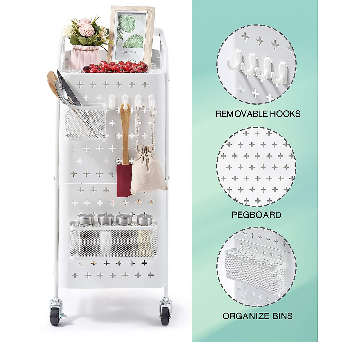 KINGRACK 3-Tier Rolling Cart, Metal Utility Cart with Pegboard, Utility Rolling Storage Carts with Wheels, Craft Storage Trolley with Handle for Kitchen Office Classroom, Classic White