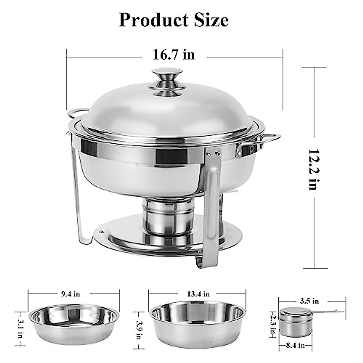 Amhier 5 Qt Chafing Dish Buffet Set with Stainless Steel Lid, Round Chafers and Buffet Warmers Sets with Food and Water Trays for Catering, Parties, Hotels and Weddings, Silver, 1 Pack