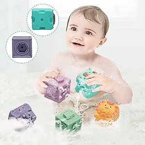 QLOTS Baby Blocks, Baby Toys 12PCS Soft Stacking Building Blocks Infant Bath Toys for Toddler 12 Month 1 2 Years Old Boys&Girls Gift Safe Teething Squeeze Sensory Toys with Suction Cup Storage Bag