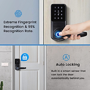 LOQRON Smart Fingerprint Door Lock, Security Keyless Entry Door Lock with Reversible Handle, Bluetooth Electronic Deadbolt Lock, App Control, Anti-Peep Digital Door Lock for Home Office - Black