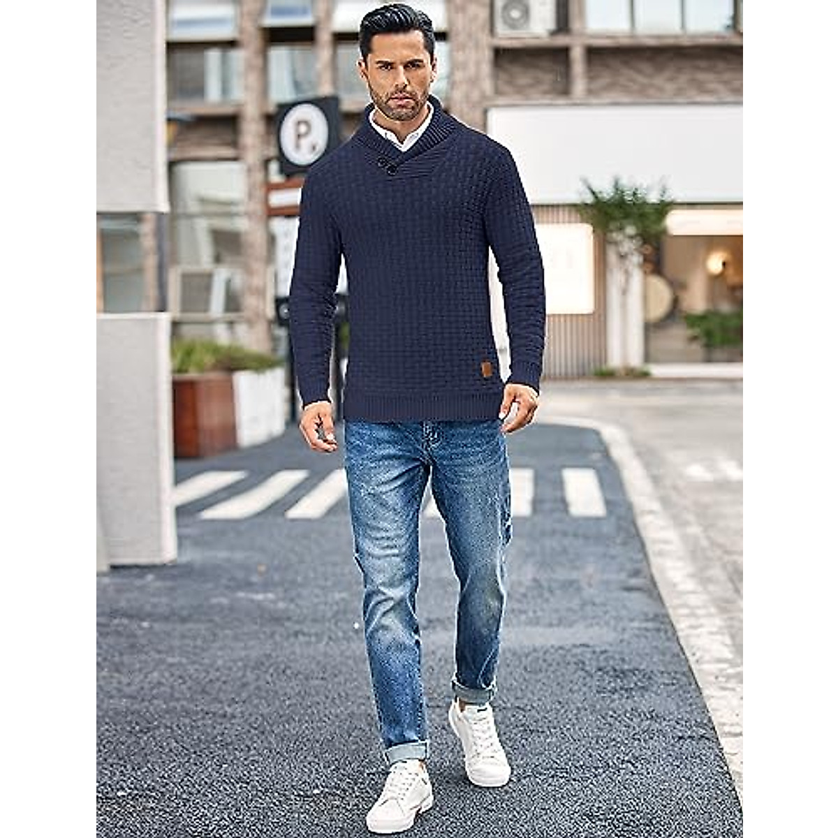 COOFANDY Men's Shawl Collar Sweaters V-Neck Relaxed Fit Basket Knitted Pullovers Navy Blue