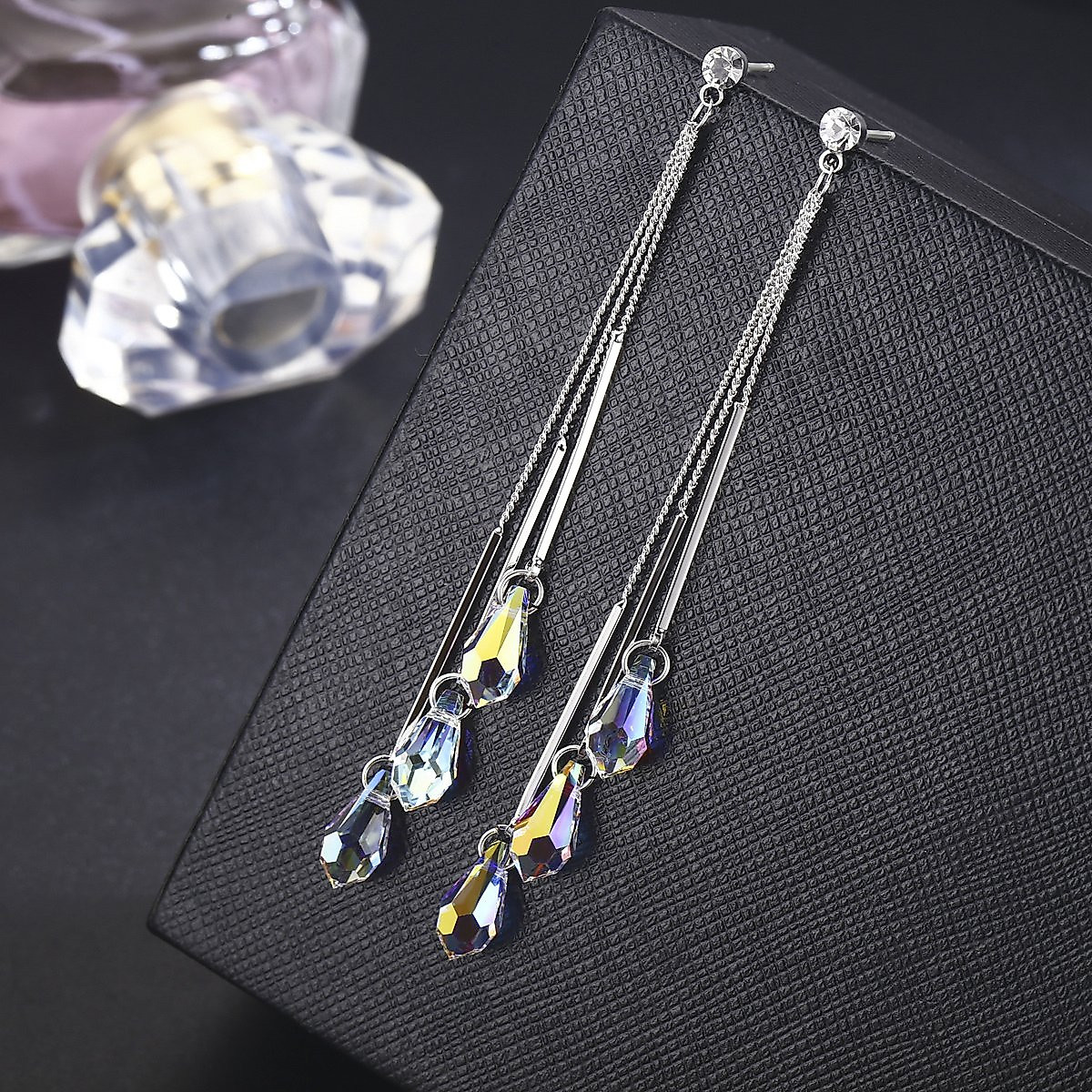 SBLING Platinum-Plated Color Change Multi-Teardrop Earrings Made with Aurora Borealis Austrian Crystals (5.3 cttw)