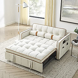 YWUFUART Modern 55.5 '' Pull-Out Sofa Bed, Double Sofa Side Pockets, Velvet Sofa Couch, Adjustable Backrest and Waist Pillow for Apartment Office Living Room(Beige)