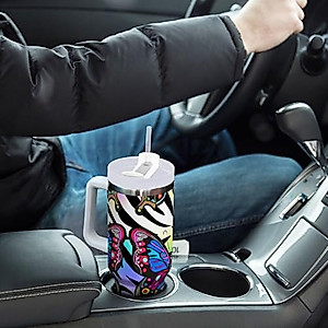 ODAWA Large Butterflies Zebra Insulated Tumbler Cups with Handle and Straw, 2 in 1 Lid Double Insulated Tumblers