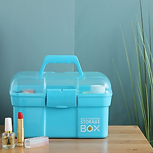 Kinsorcai 11'' Plastic Storage Box with Removable Tray, Multipurpose Organizer and Storage Case for Art Craft and Cosmetic (Blue)