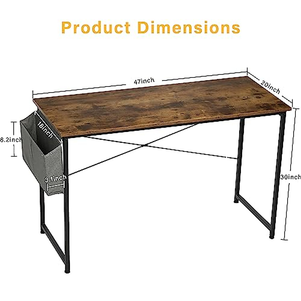 YSSOA 47 Inch Computer, Modern Simple Study Student Writing, Vintage with Storage Bag Wooden Desk, Brown