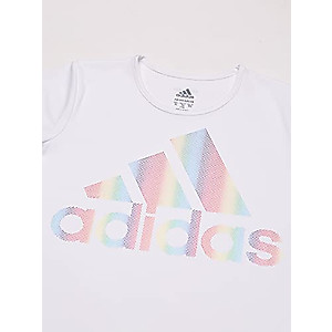 adidas Girls' Big Short Sleeve Scoop Neck Tee T-Shirt, White BOS Foil Rainbow, Large