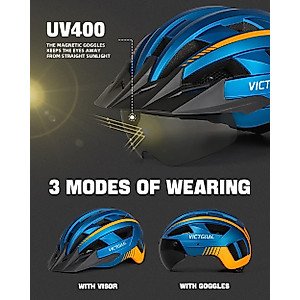 VICTGOAL Bike Helmet for Men Women with Led Light Detachable Magnetic Goggles Removable Sun Visor Mountain & Road Bicycle Helmets Adjustable Size Adult Cycling Helmets (L: 57-61 cm, Blue)