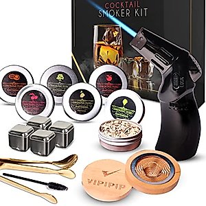 Cocktail Smoker Kit with Torch, Stainless Steel Ice cubes - Infuse the Aroma of 6 Kinds of Wood Chips in Whiskey, Bourbon, Cocktails, Wine, Cheese, Salad, and Meats. Gift For Friends, Husband, Dad, or Grandpa (No Butane)