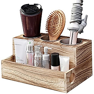 WELLAND Hair Tools Organizer for Bathroom Wall & Countertop, Holds Blow Dryer, Curling Iron, Hair Straightener and More, Rustic Wood Hair Dryer Holder with 3 Stainless Steel Cup