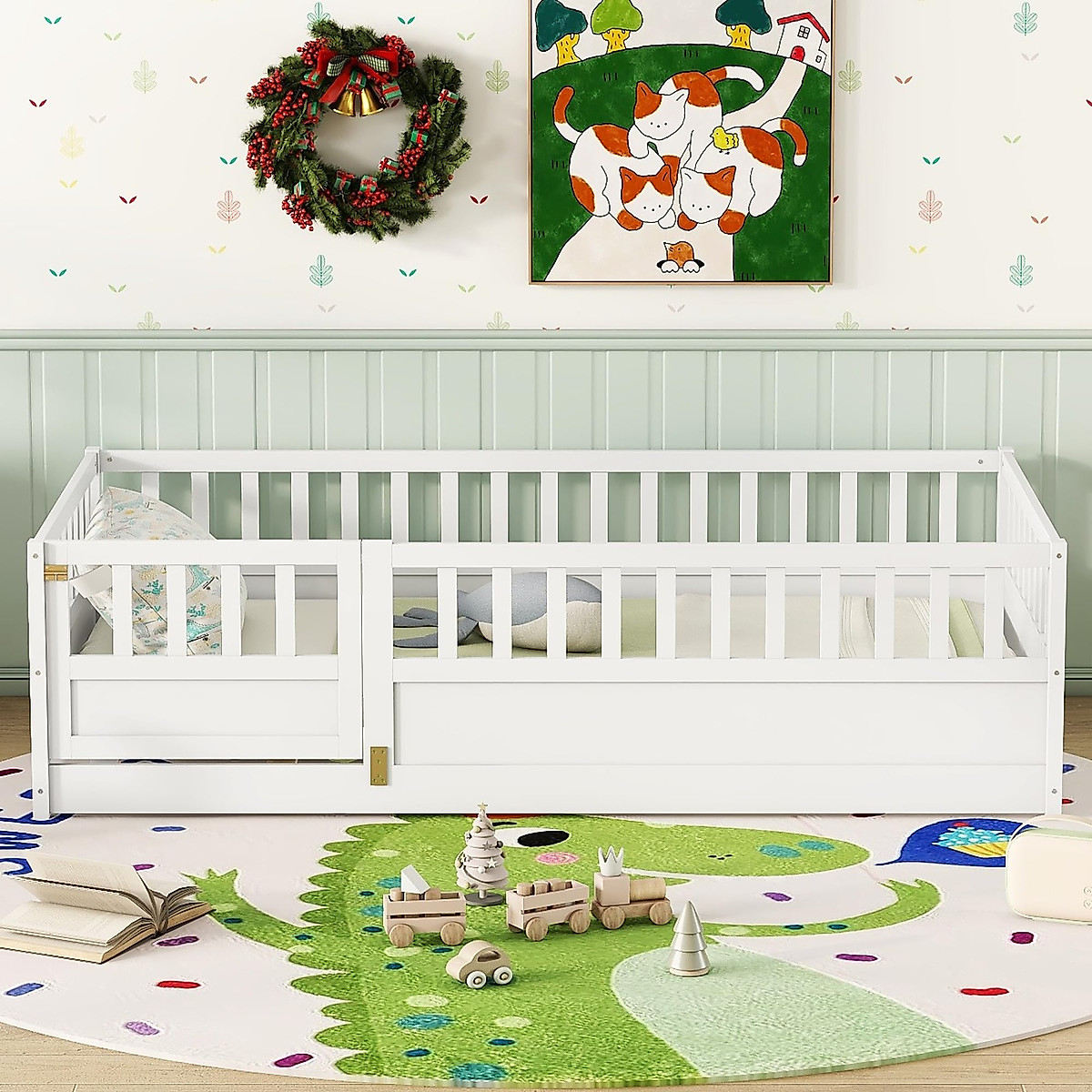 CITYLIGHT Twin Floor Bed with High Rails, Wood Montessori Floor Bed with Door Design, Kids Twin Bed Frame with Bed Slats for Boys Girls Children,White