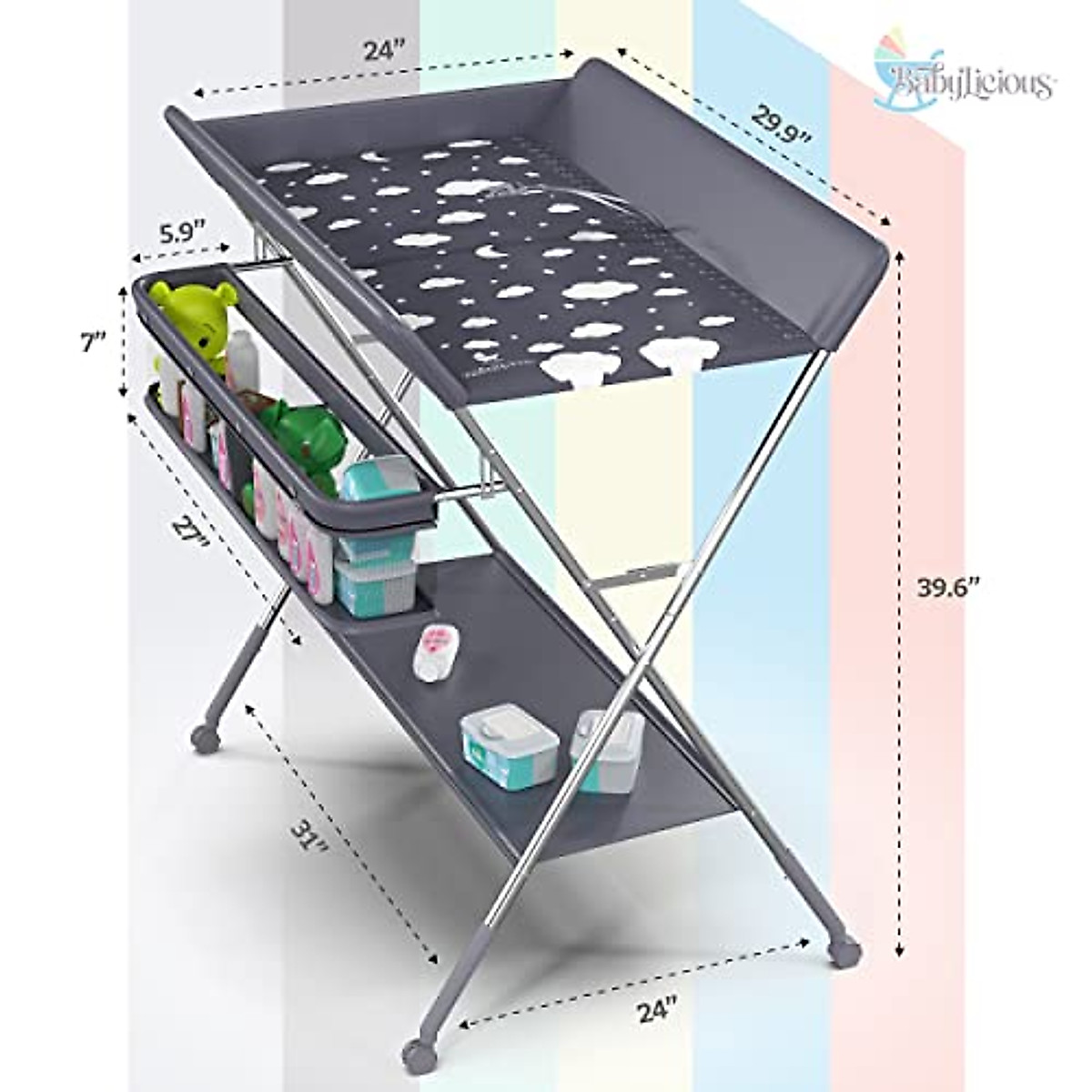Babylicious Baby Portable Changing Table - Foldable Changing Table with Wheels - Portable Diaper Changing Station - Adjustable Height Baby Changing Table-Safety Belt and Large Storage Rack for Infants