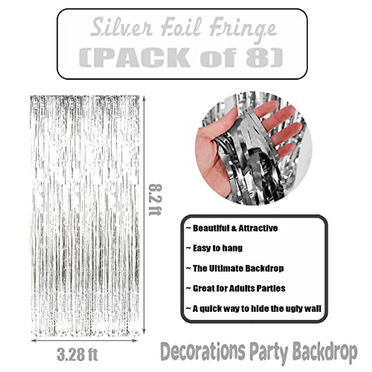 8 Pack Silver Tinsel Foil Fringe Curtain Backdrop, 3.28Ft x 8.2Ft Metallic Streamers for Photo Booth Birthday Wedding Bridal Shower Bachelorette New Year Party Thanksgiving Christmas Decorations