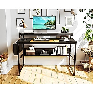 ODK Gaming Desk with Adjustable Monitor Stand (3.2", 4.3", 5.5"), 47 Inch Computer Desk with Storage Bag, Gamer Desk with Under-Desk Shelf, Simple Modern Style Laptop Desk for Small Space,Black