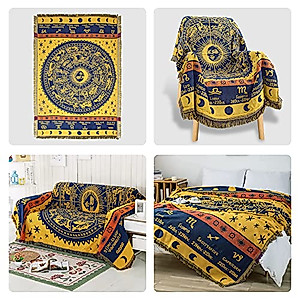 Zodiac Throw Blanket，Edcooy Boho Hippie Woven Witchy Astrology Celestial Constellation Balnket for Home Decor, Double Side Cover Chair Sofa Couch(Yellow,S 51" x 71")