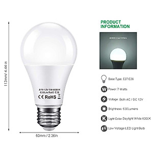 BAYSHE 12V LED Light Bulb 60Watt Equivalen E26 7W 630Lm 12 Volt Low Voltage Lights AC/DC 11-18V A19-12volt RV Marine Boat Landscape Lighting-6 Pack(6000K Daylight White)