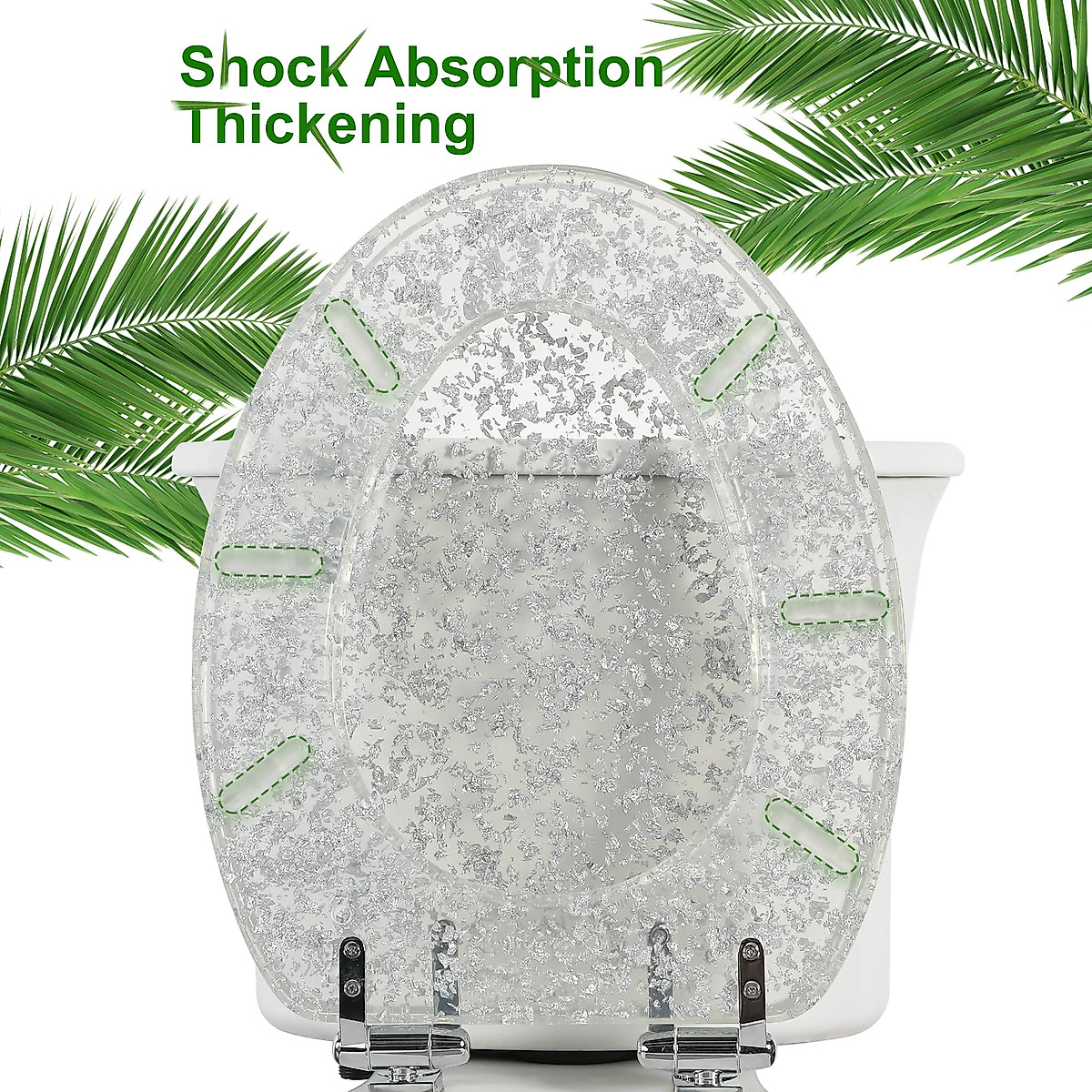 Resin Toilet Seat Elongated Soft Close Quick Release Heavy Duty Toilet Seats with Glitter Cover Acrylic Seats Silver Foil 19 Inch