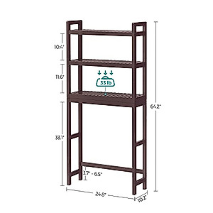 TINKLE WELL Bamboo Over The Toilet Storage, 3-Tier Bathroom Organizer Rack with Adjustable Bottom Bar, Space Saver, Natural, 64.2'' x 24.8'' x 10.2''