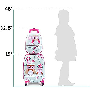 GYMAX Kids Carry On Luggage Set, 12" & 16" 2PCS Rolling Suitcase (Owl)