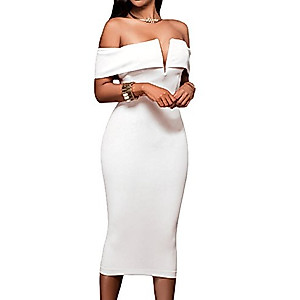 AlvaQ Women Off The Shoulder Evening Bodycon Club Midi Dress XX-Large White