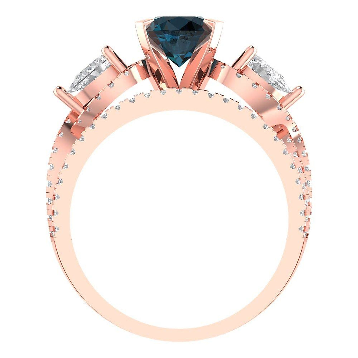 Clara Pucci 2ct Round Cut Solitaire 3 stone Natural London Blue Topaz Engagement Promise Anniversary Bridal Ring Band set 14k Rose Gold 5