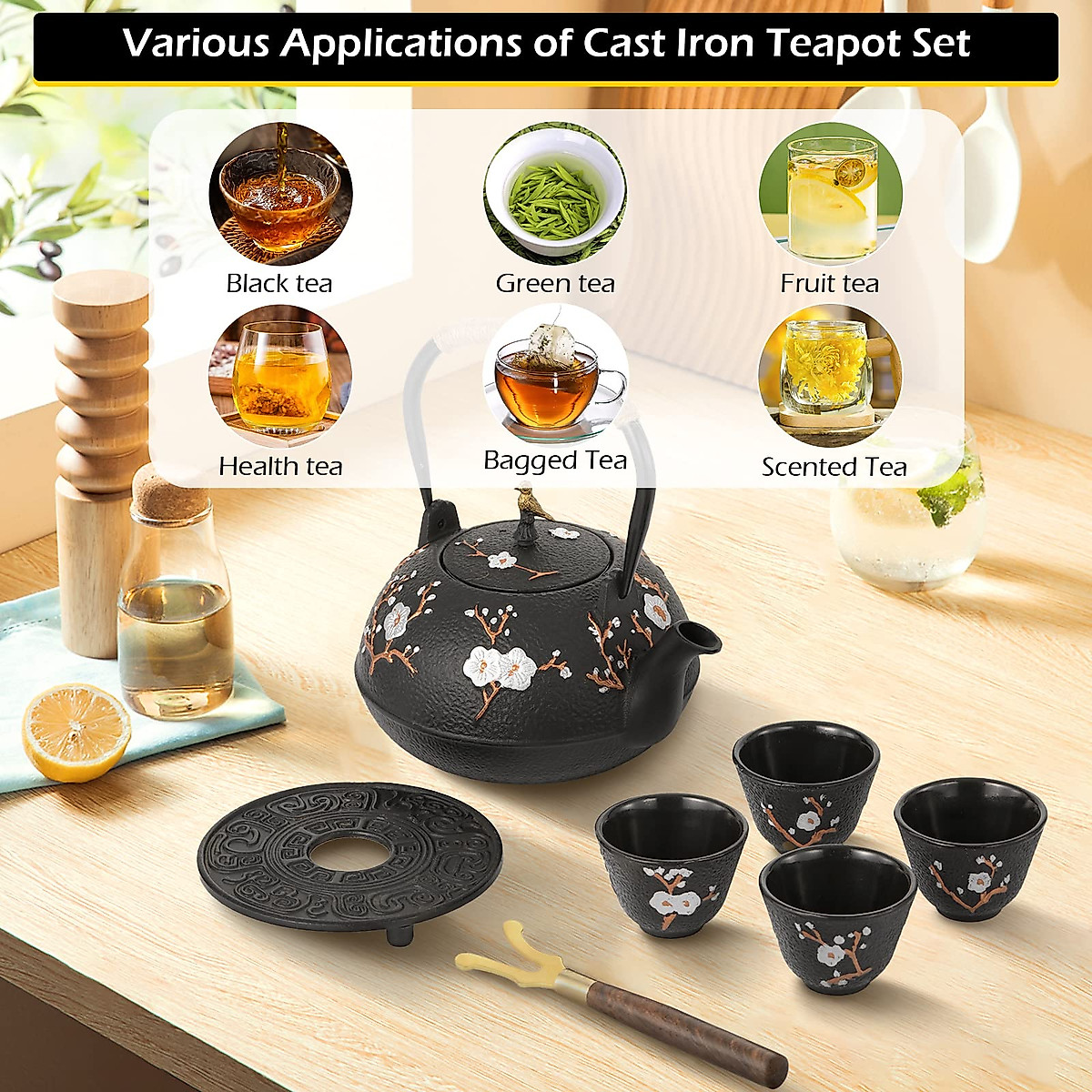 Dyna-Living Cast Iron Teapot Japanese Tea Kettle Set 1200ml/40.6oz Japanese Cast Iron Teapot Set with 4 Tea Cups Japanese Style Tea Pot with Infuser Cast Iron Tea Kettle for Tea Lover