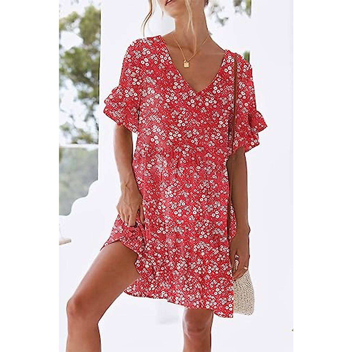 nclook Womens 2025 Summer Casual Dress Sweet Cute V Neck Mini Dress with Pocket Short Sleeve Ruffle Dress Jujube Red