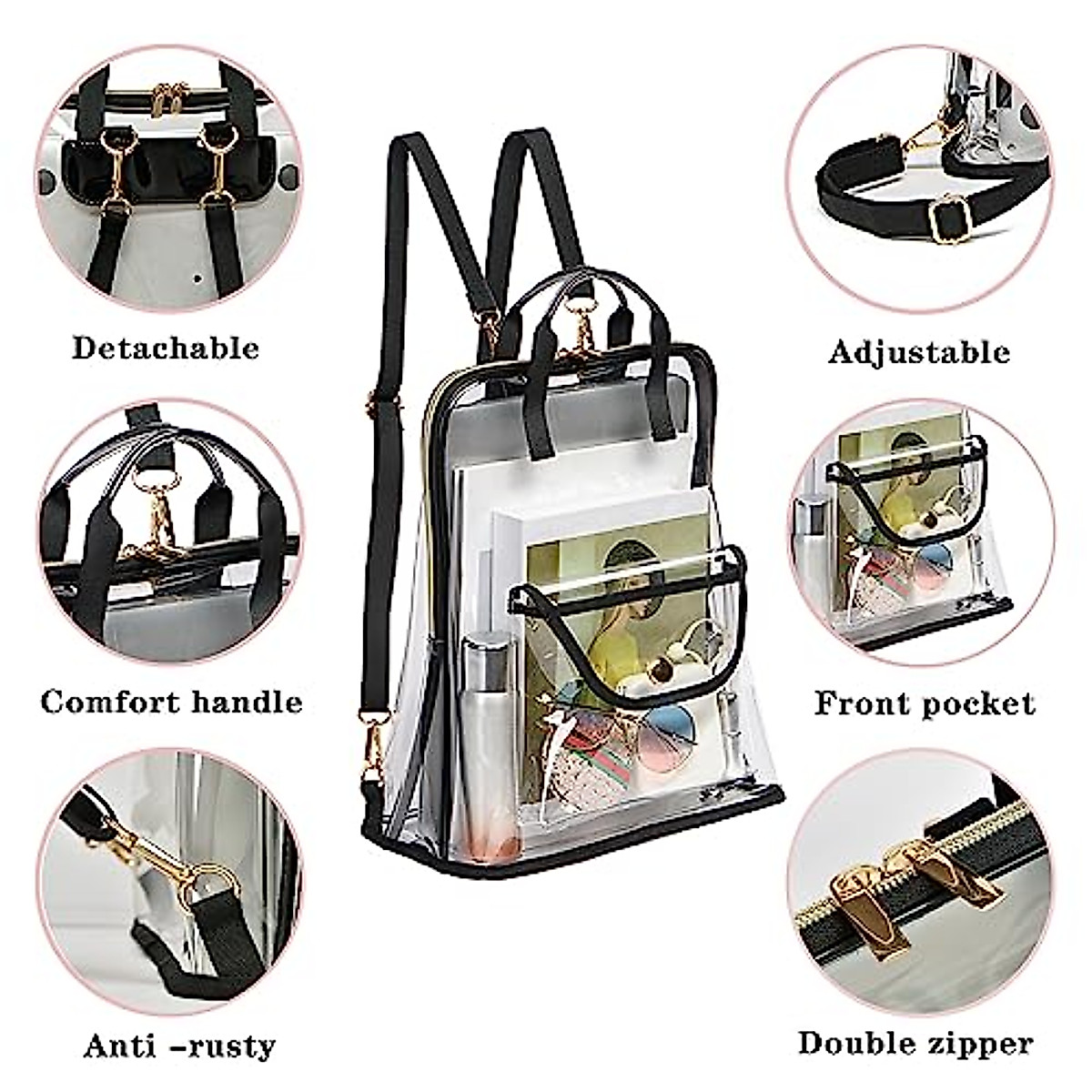 KUI WAN Clear Bag, Clear Backpack Stadium Approved Heavy Duty PVC Transparent Backpack for Concert Sport Events Work