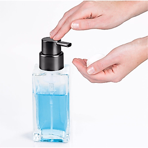 mDesign Glass Refillable Foaming Hand Soap Dispenser Modern Square Pump Bottle for Bathroom Vanities or Kitchen Sink, Countertops - 2 Pack - Clear/Black