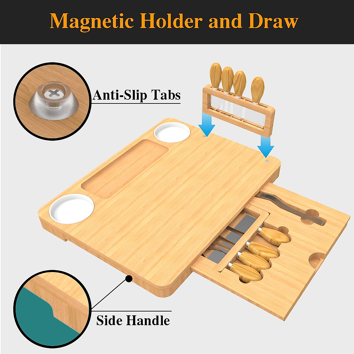 Large Bamboo Cheese Board Charcuterie Boards Set - Include Serving Platter Round Fruit Tray, Perfect House Warming Gift Anniversary and Wedding Gift