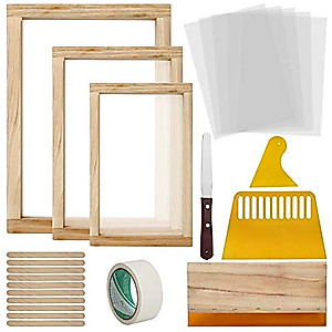 Colovis 23 Pcs Screen Printing Starter Kit, Include 3 Sizes Wood Silk Screen Printing Frame, Squeegees, Transparency Inkjet Film, Masking Tape and Ink Spatula