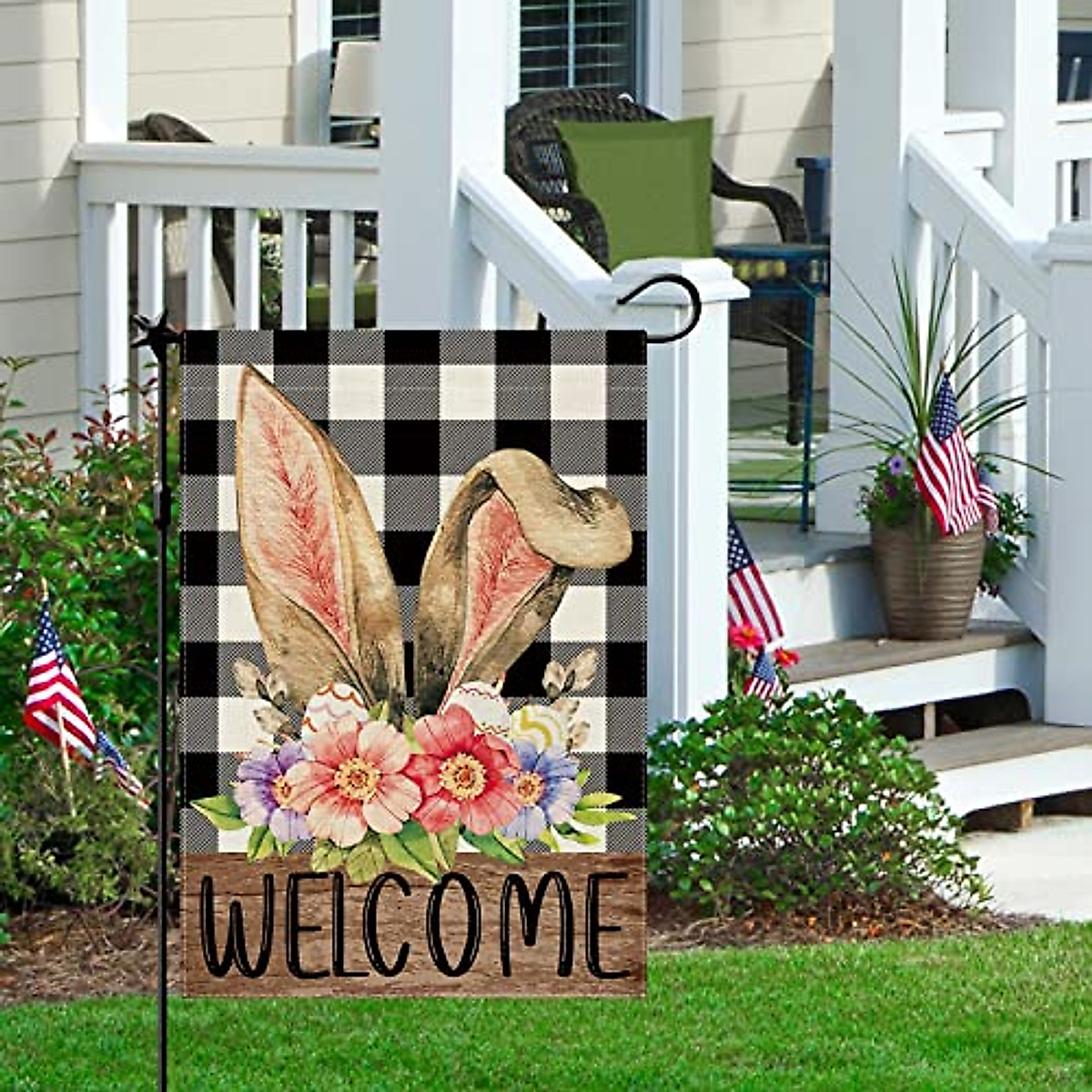 CMEGKE Easter Garden Flag, Easter Buffalo Plaid Bunny Ear Garden Flag, Spring Summer Garden Flag Rustic Vertical Double Sided Burlap Welcome Easter Rabbit Floral Holiday Party Farmhouse Yard Home Outside Decor 12.5 x 18 In