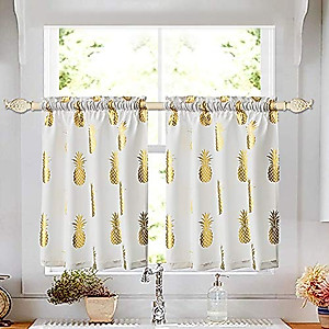 OREMILA Kitchen Curtains 36 Inch Tier Curtains for Living Room Pineapple Cafe Curtains for Bathroom Metallic Print Golden Pineapple Short Window Curtain Set Rod Pocket, 2 Panels