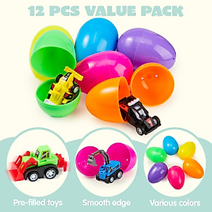 JOYIN 12 Pcs Filled Easter Eggs with Toy Cars, Colorful Prefilled Pull Back Construction Vehicle and Race Car for Kids Boys Hunt, Basket Stuffers, Party Favors