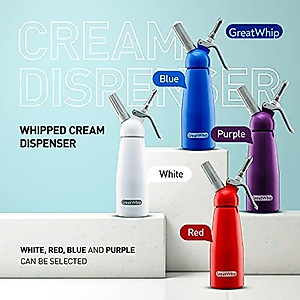GreatWhip Whipped Cream Aluminum Dispenser Highly Durable Whip Cream Maker 500ml /1 Pint Large Capacity Cream Whipper with 3 Stainless Steel Nozzles & Cleaning Brush (White)