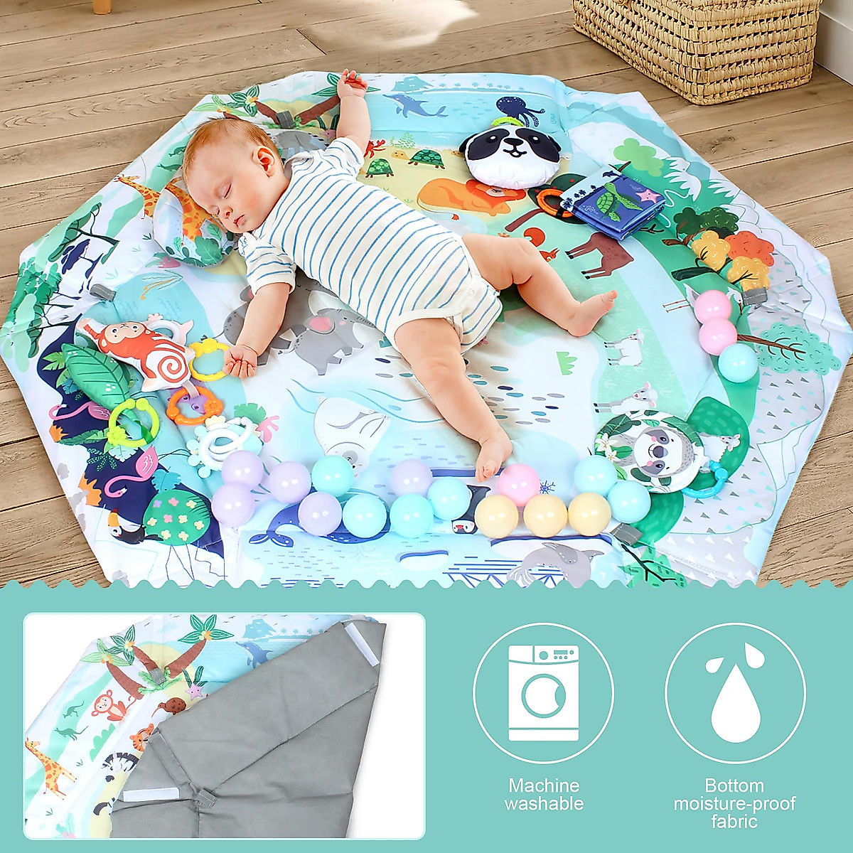 Aonerex Baby Play Gym Mat 5-in-1 Activity Mat Tummy Time Playmat, 8 Detachable Toys Sensory and Motor Skill Development Washable Play Mats for Floor, Newborn Baby Essentials