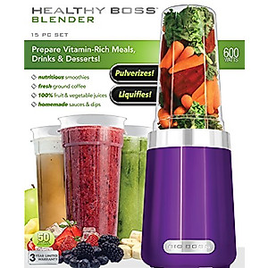 Big Boss powerful and Professional 15 Piece high speed 600 Watt personal countertop blender/Mixer - Recipe book included- Pulverizes and Liquefies fruits and vegetable – Simple and easy to use- Purple