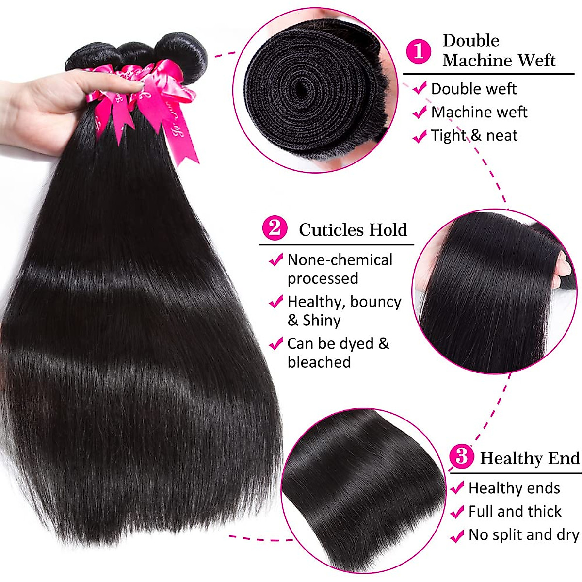 Subella Brazilian Straight Hair 3 Bundles 14 16 18inch Grade 10A Virgin Straight Human Hair Bundles Natural Black Color Hair Extensions